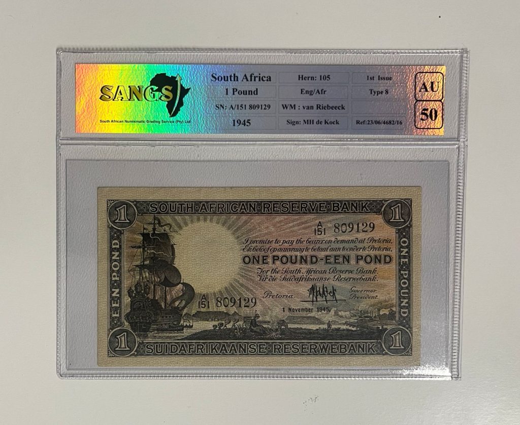 1945 – One Pound – AU50 SANGS Graded – Gold Reef City Mint