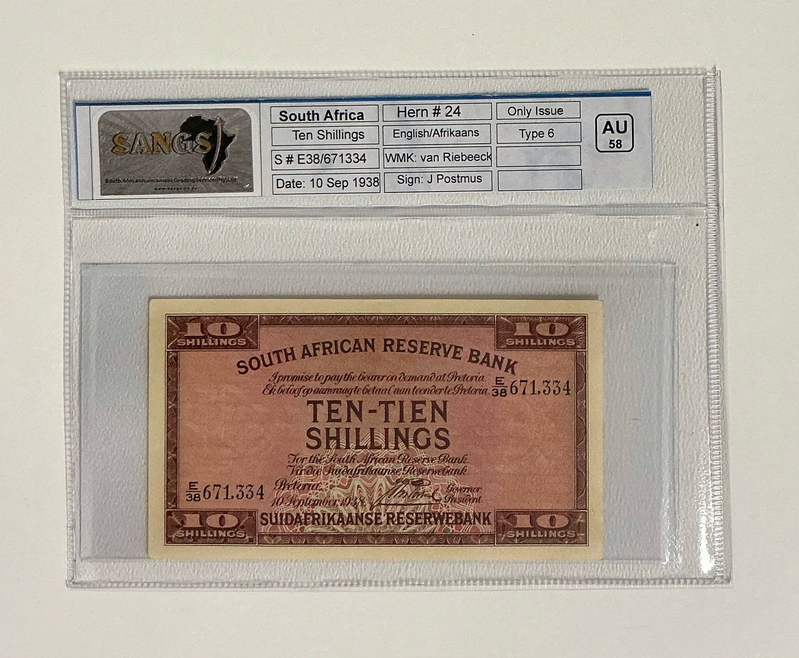 1938 – Ten Shillings – Au58 SANGS Graded – Gold Reef City Mint